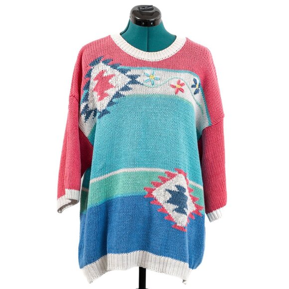 Koret | Sweaters | Vintage 9s Bright Pink Teal Embroidered Knit Sweater ...